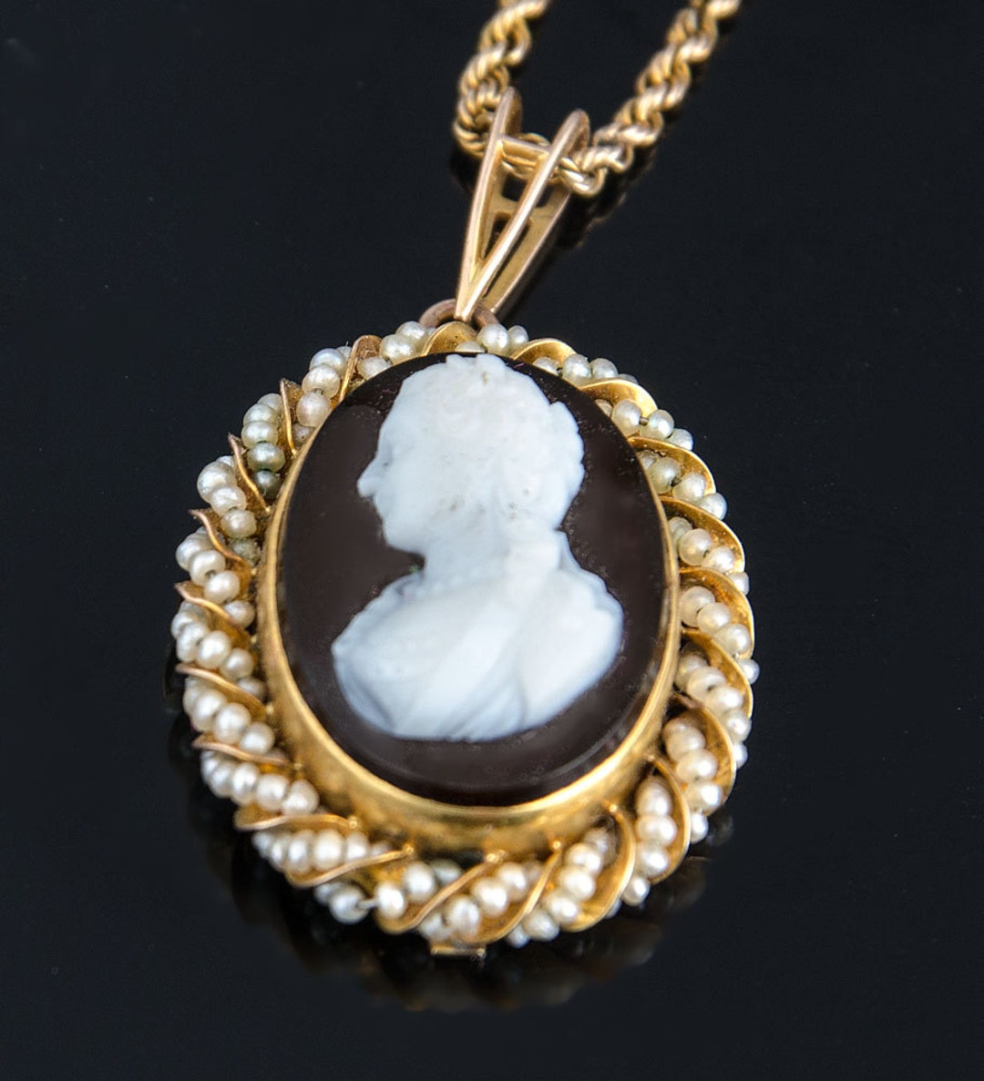 Victorian Hardstone Cameo With Seed Pearls in 14k on 17" 10k Chain - Etsy
