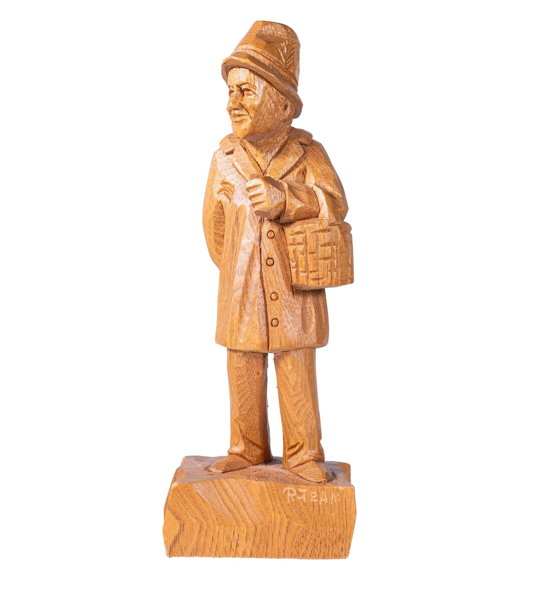 Folk Art Carved Wood Man W/basket Figure Signed "robert Jean" Canada 8 ...