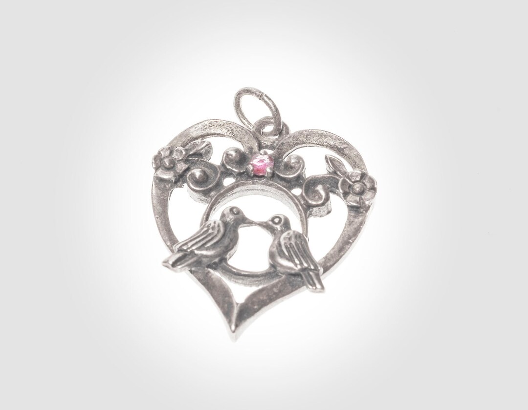 Sterling Heart & Birds Charm/drop With Red Stone - Etsy