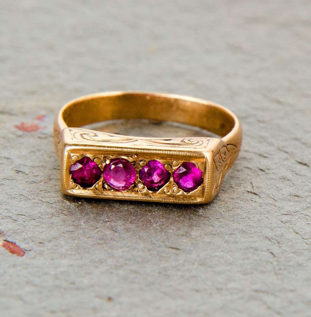14k & 4 Rubies Edwardian Engraved Ring - Etsy