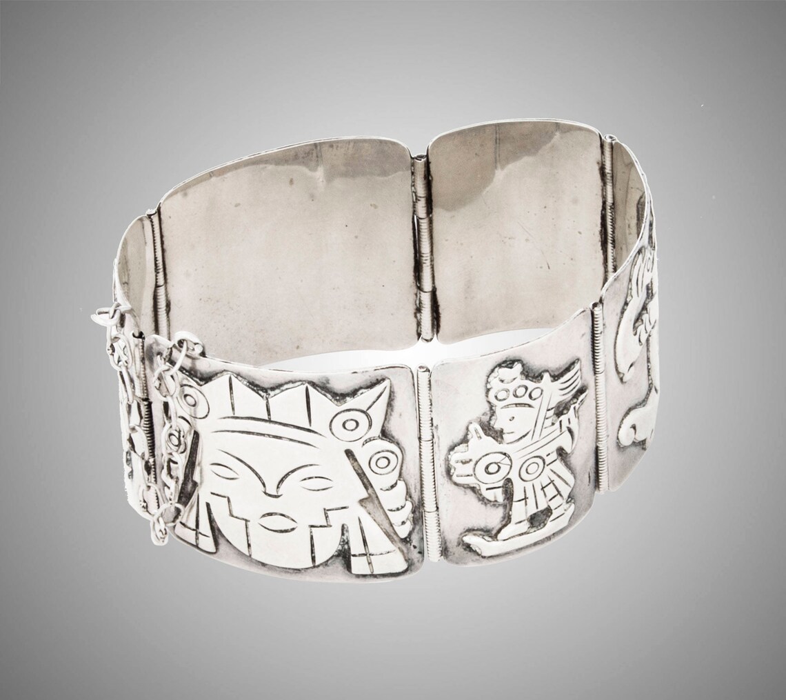 Mexican Sterling Bracelet With Aztec Inspired Panels - Etsy