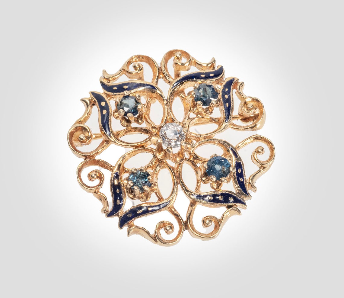 Victorian Fancy Pin 14k With Diamond and 4 Sapphires Black | Etsy