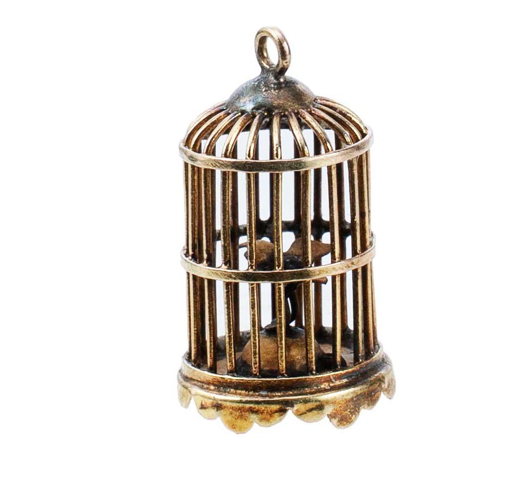 14k Miniature Bird Cage With Bird Charm - Etsy