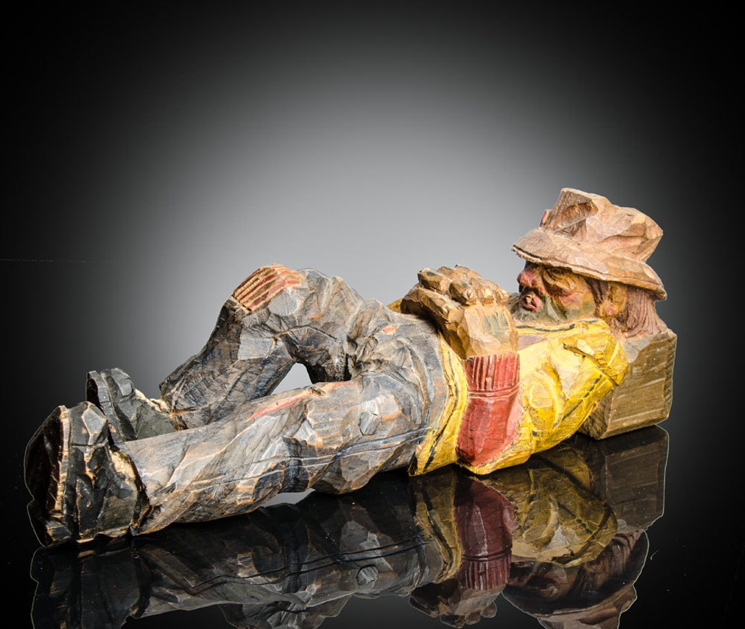 American Folk Art Carved Wood Sleeping Hobo Figure 11 1/2" Long Signed ...