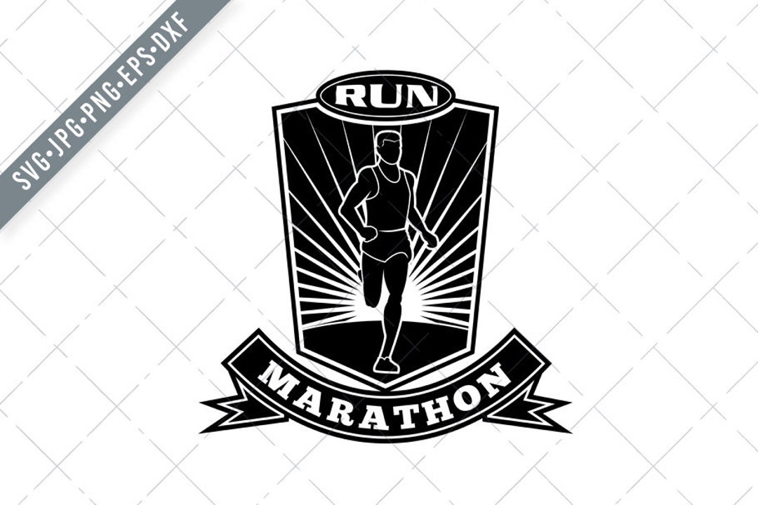 Marathon Runner Running Front View Shield Retro Black and White Svg ...