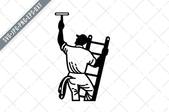 Window Cleaner on Ladder Cleaning Window Retro Black and White | Etsy