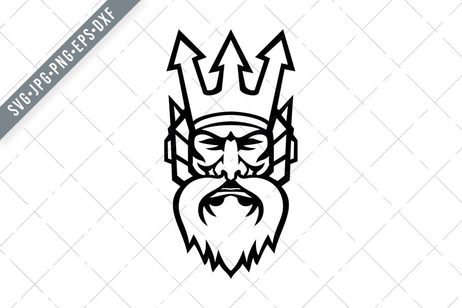 Head of Angry Poseidon Greek God of Sea or Neptune Black and White ...