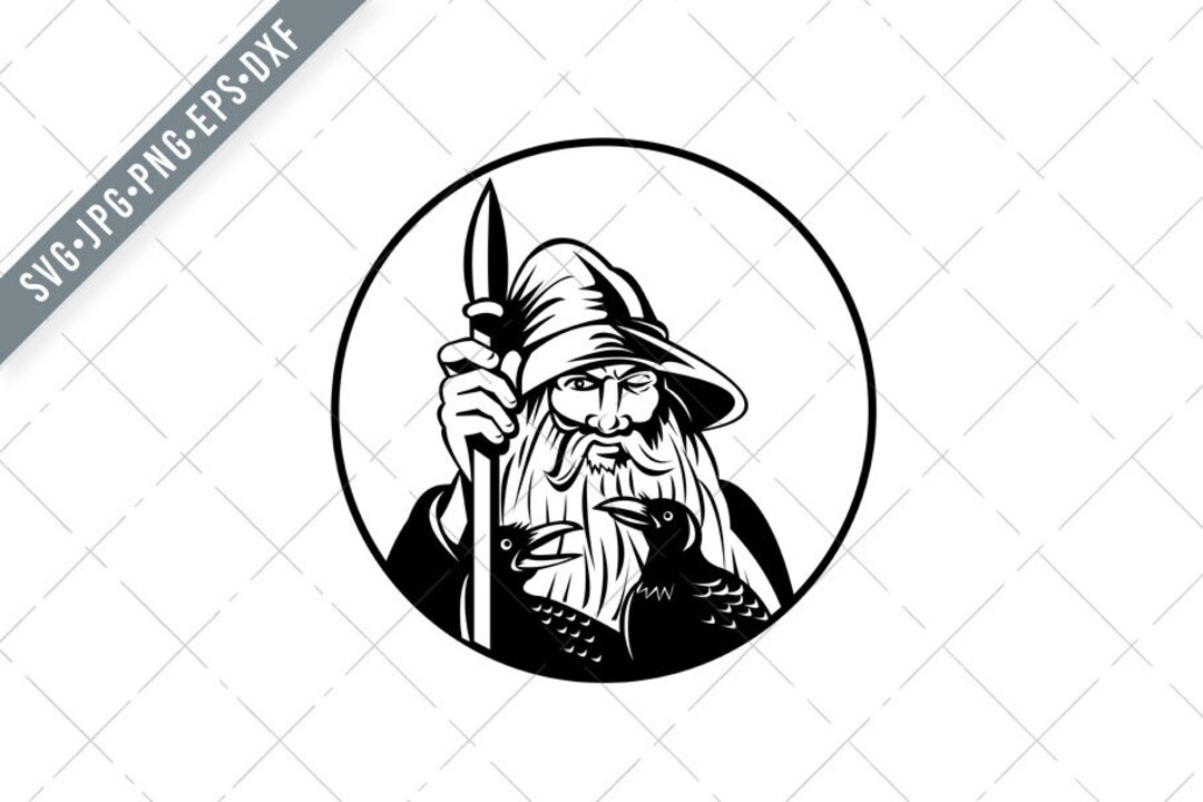 Odin Norse God of War and of the Dead and Ravens Circle Retro Black and ...