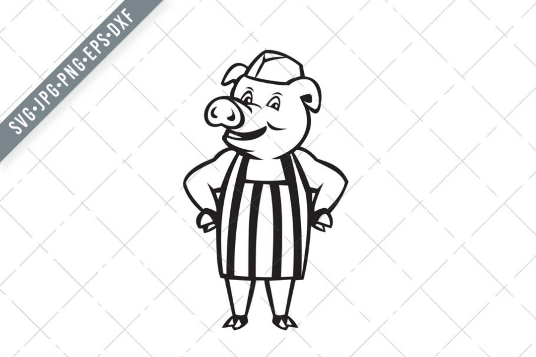 Butcher Pig Wearing Apron Hands on Hip Cartoon Black and White Svg ...