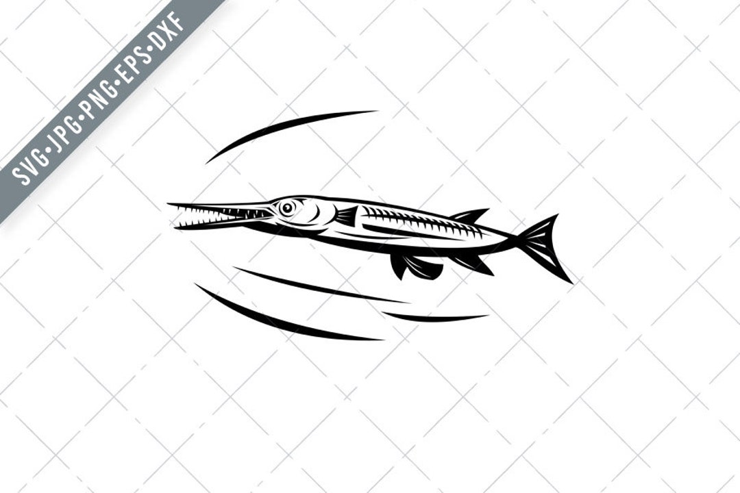 Needlefish or Long Tom Swimming Side View Retro Black and White Svg ...