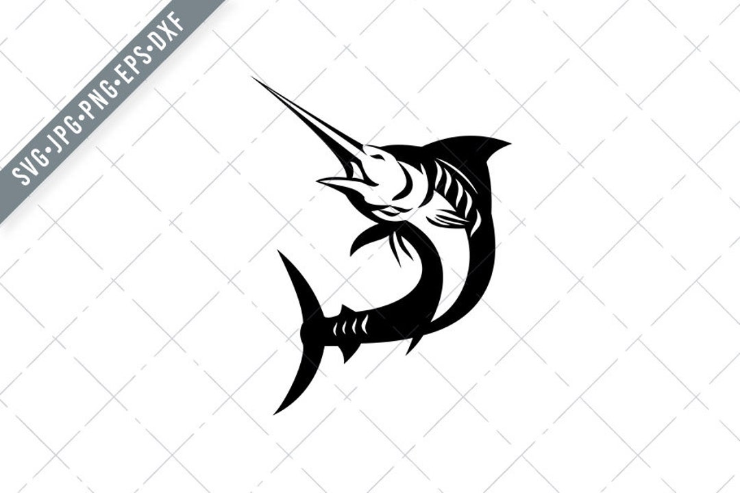 Blue Marlin Fish Jumping Shield Crest Retro Black and White Svg-blue ...