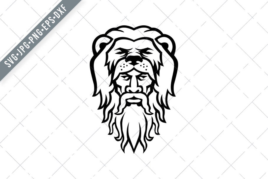 Hercules Wearing Lion Skin Head Mascot Black and White Svg-heracles Svg ...