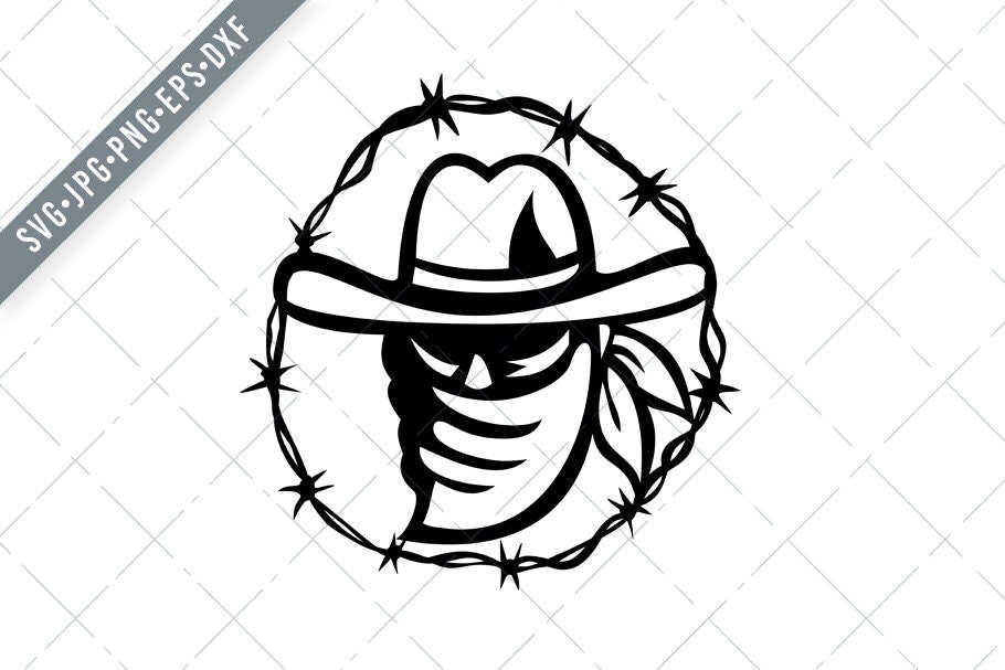 Outlaw Wearing Face Mask With Barbed Wire Ring Mascot Black and White ...