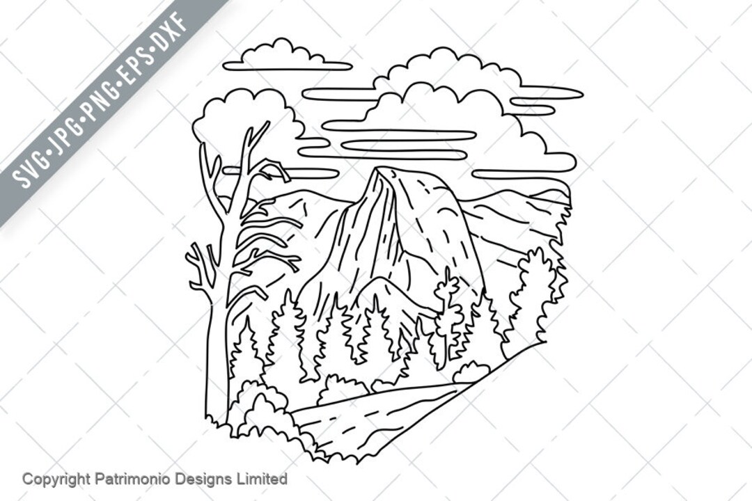 Sentinel Dome in Yosemite National Park Monoline Line Art Drawing ...