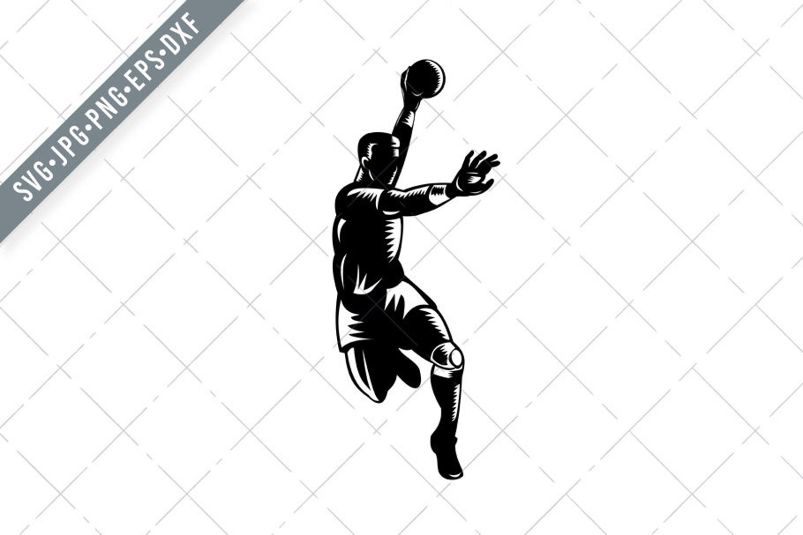 European Handball Player Jumping Scoring Woodcut Black and White Svg ...