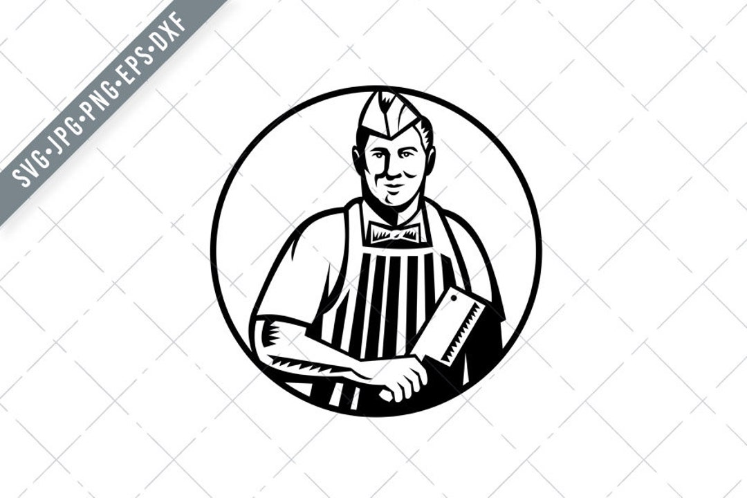 Butcher With Meat Cleaver Knife Front View in Circle Woodcut Black and ...