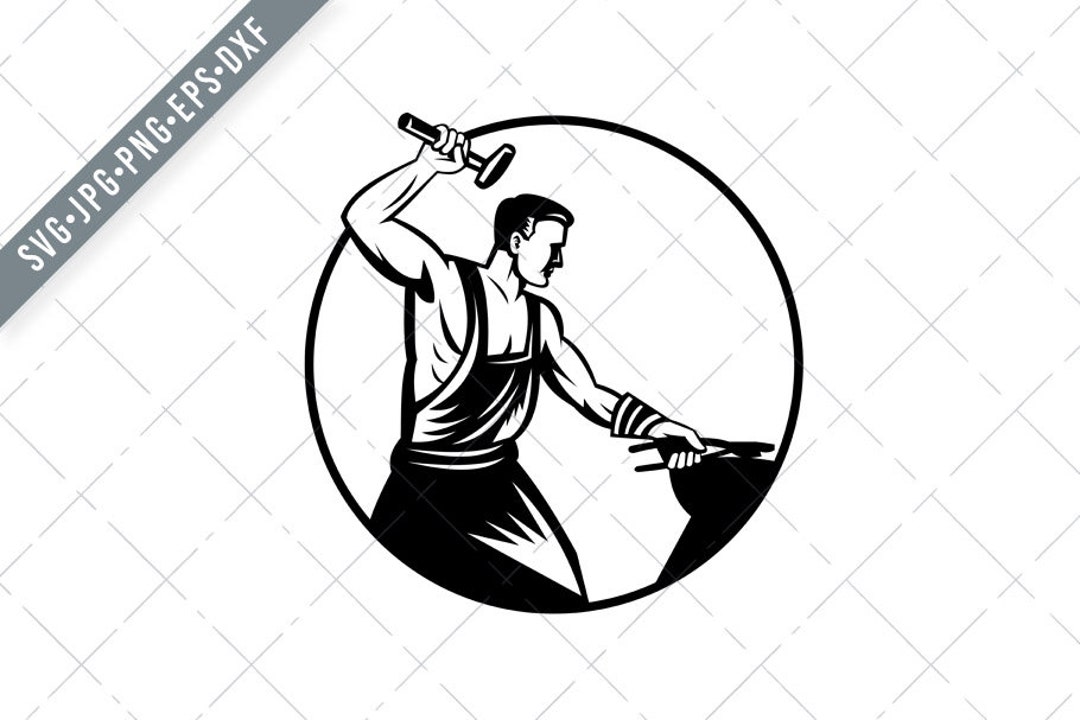 Blacksmith Foundry Worker With Hammer Striking Anvil Retro Black and ...
