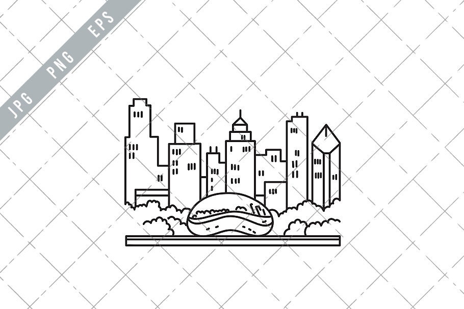 Chicago Skyline With the Bean USA Mono Line Art Poster Vector - Etsy