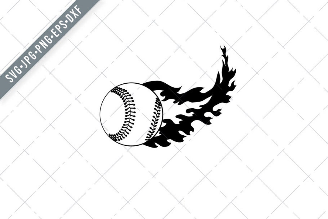 Baseball or Softball Ball on Fire With Fiery Flames Stencil Black and ...