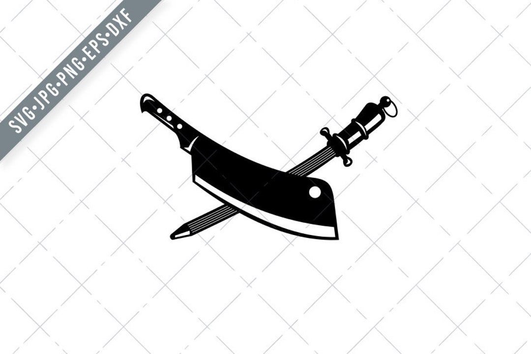 Crossed Butcher Knife Meat Cleaver and Sharpener Steel Rod Retro ...