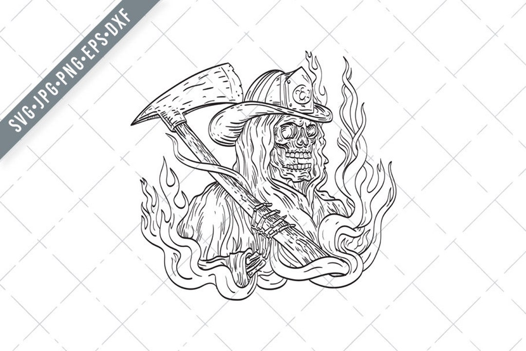 Grim Reaper Fireman Firefighter Hat and Fire Axe Drawing Tattoo Svg ...