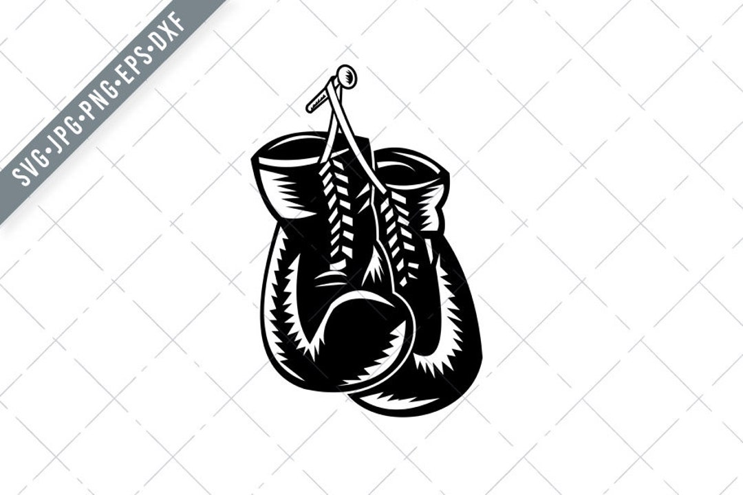 Pair of Boxing Gloves Hanging on Nail Retro Woodcut Black and White Svg ...