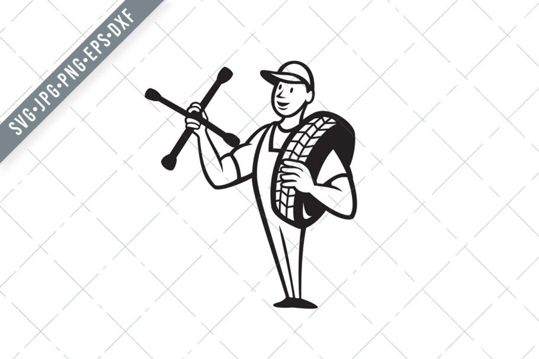 Tire Mechanic With Tire Socket Cartoon Black and White Svg-tire ...