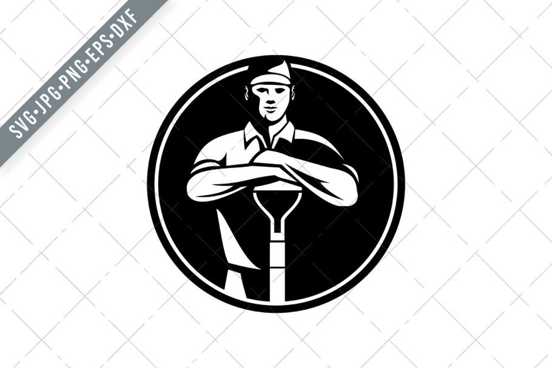 Gardener Landscaper Leaning on Shovel Front View Retro Circle Black and ...
