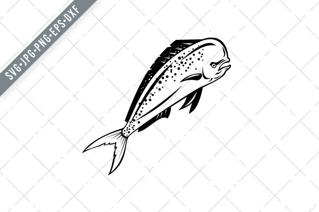 Mahi-mahi or Common Dolphinfish Swimming up Retro Black and White Svg ...