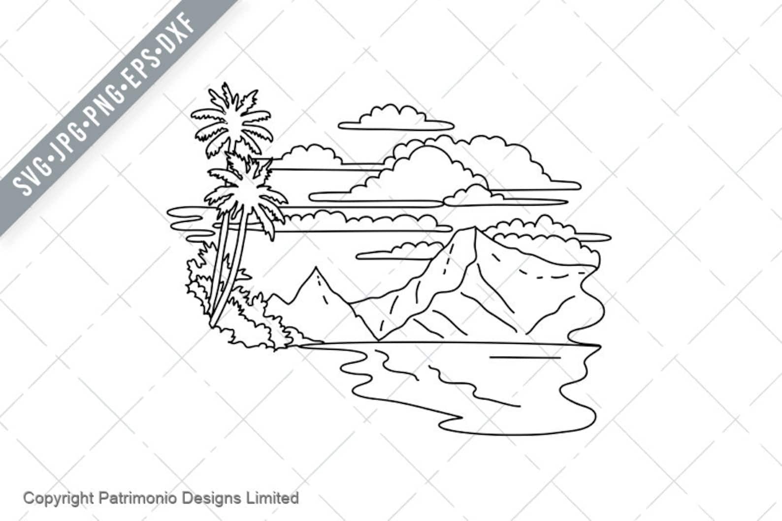 Ofu Beach in National Park of American Samoa Monoline Line Art Drawing ...
