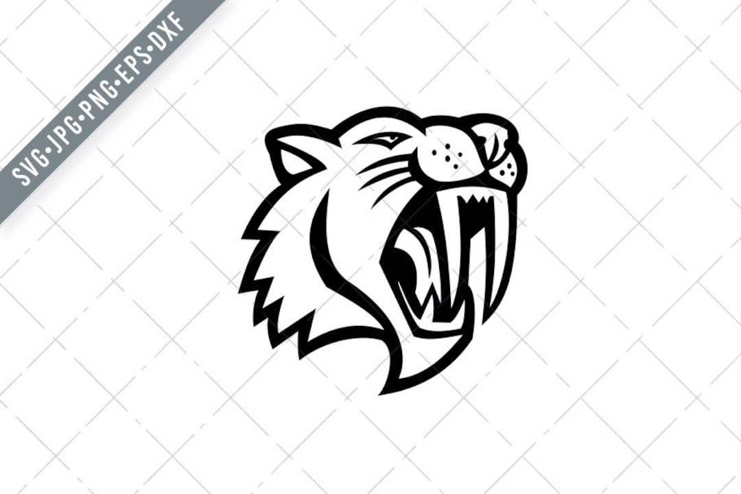 Angry Saber Toothed Cat Head Mascot Black and White Svg-smilodon Svg ...