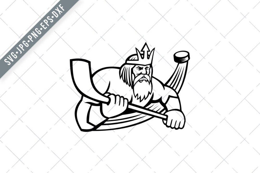 Poseidon With Ice Hockey Stick and Puck Sports Mascot Black and White ...