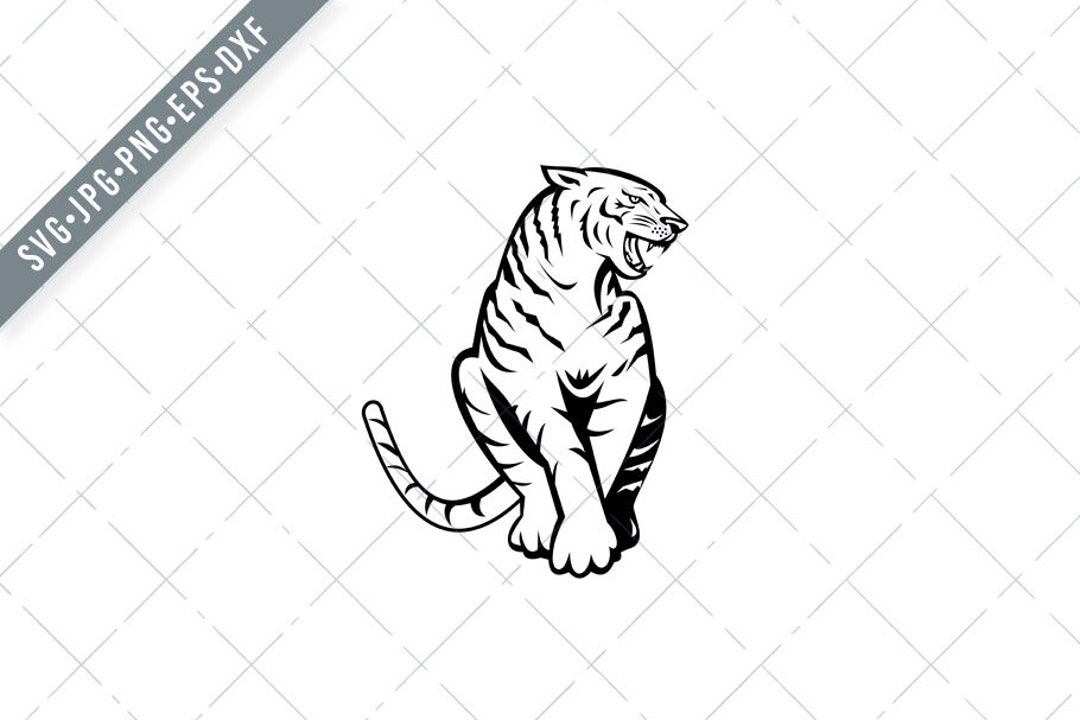 Bengal Tiger Growling Sitting Front Woodcut Retro Black and White Svg ...