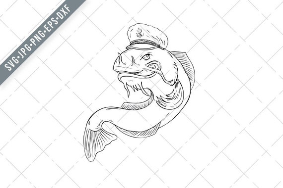 Captain Catfish Wearing Cap Jumping Drawing Black and White | Etsy