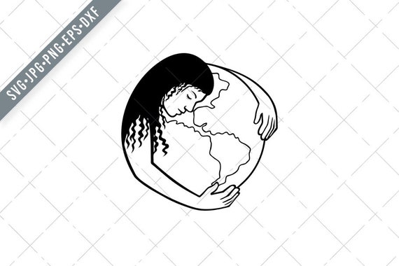 Mother Earth Hugging World Globe Retro Black and White | Etsy
