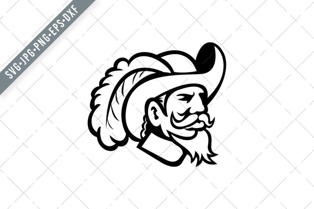 Head of a Cavalier or Musketeer Viewed From Side Mascot Black and White ...
