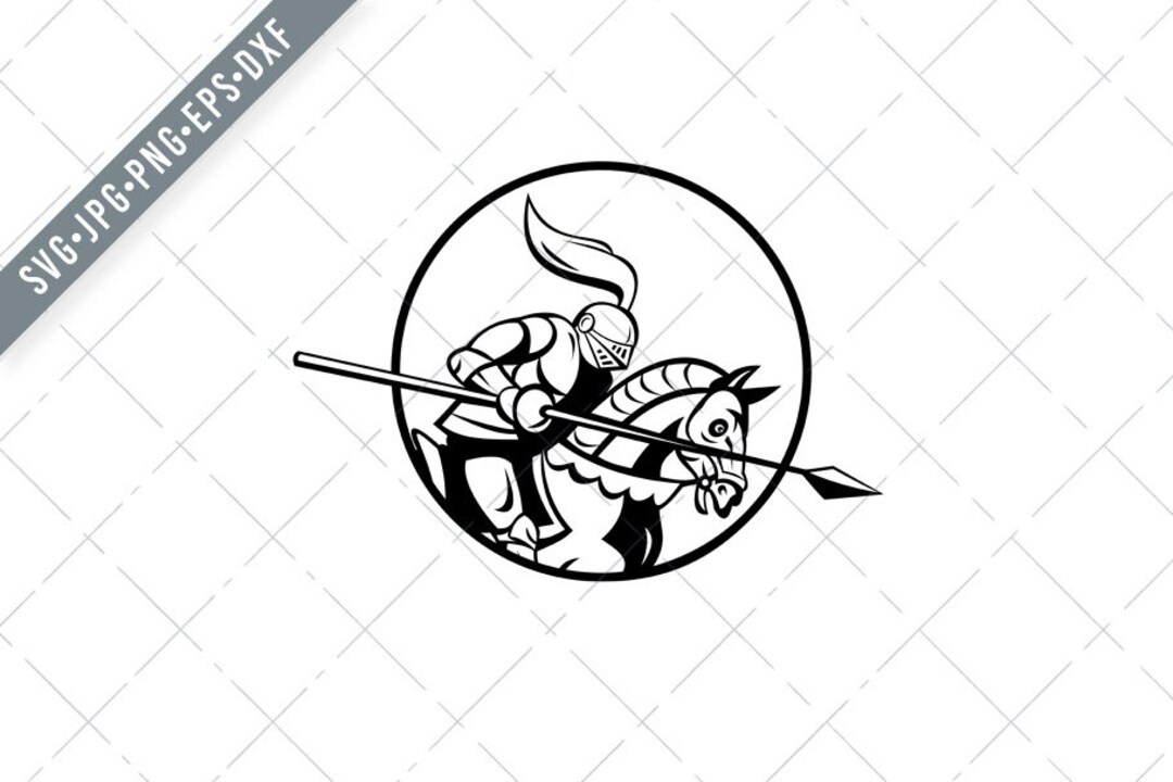 Medieval Knight With Lance Riding Steed Side Retro Black and White Svg ...