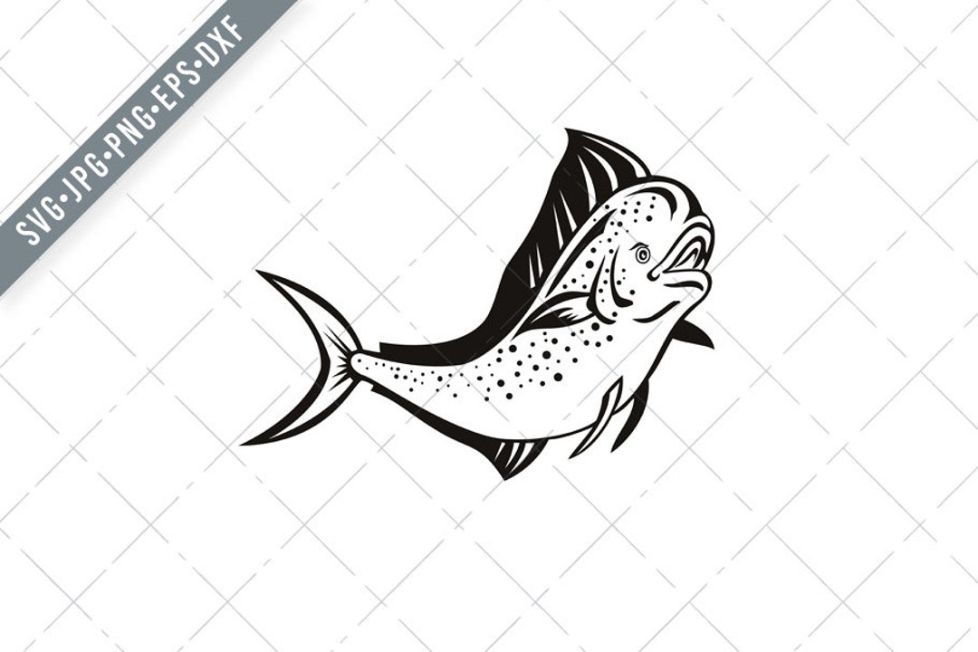 Mahi-mahi or Common Dolphinfish Jump up Retro Black and White Svg ...
