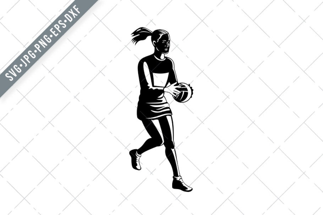 Netball Player Catching and Passing Ball Retro Black and White Svg ...