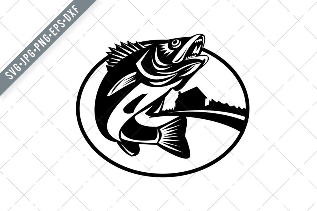 Walleye Fish Jumping up With Lake Cabin Oval Retro Retro Black and ...