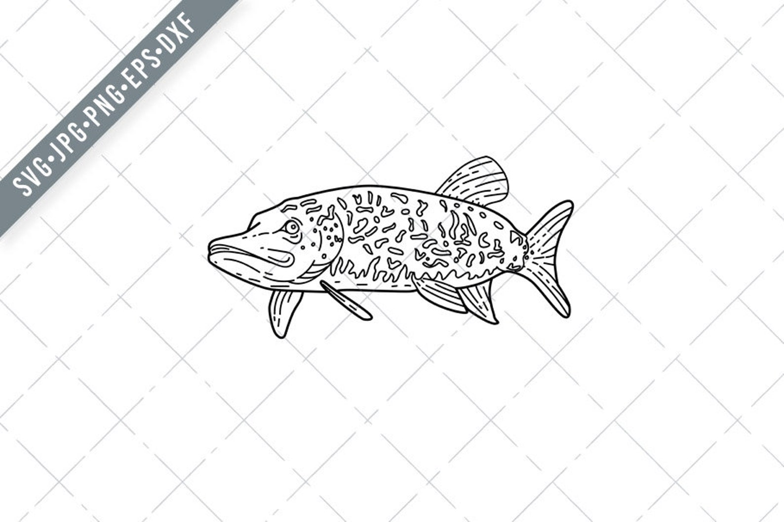 Northern Pike Fish Mono Line Black and White Svg-Northern Pike SVG-Pike ...
