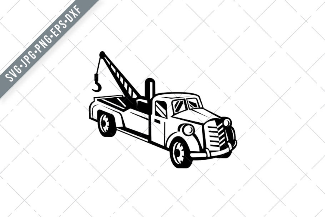 Vintage Tow Truck or Wrecker Pick-up Truck Side View Retro Black and ...