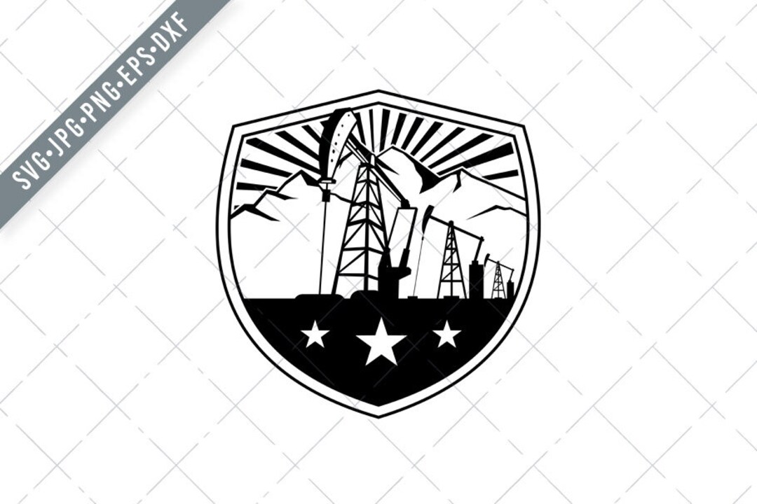 Oil Derrick and Mountains Shield Badge Retro Black and White Svg-oil ...