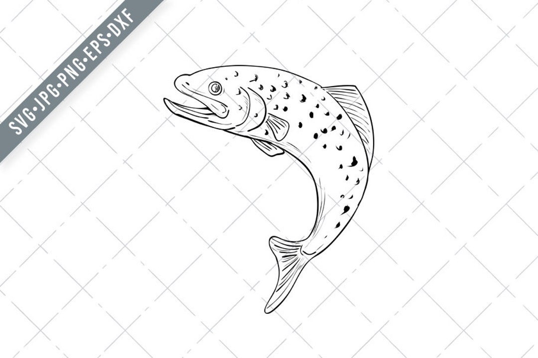 Spotted Trout Jumping up Drawing Black and White Svg-spotted Trout Svg ...