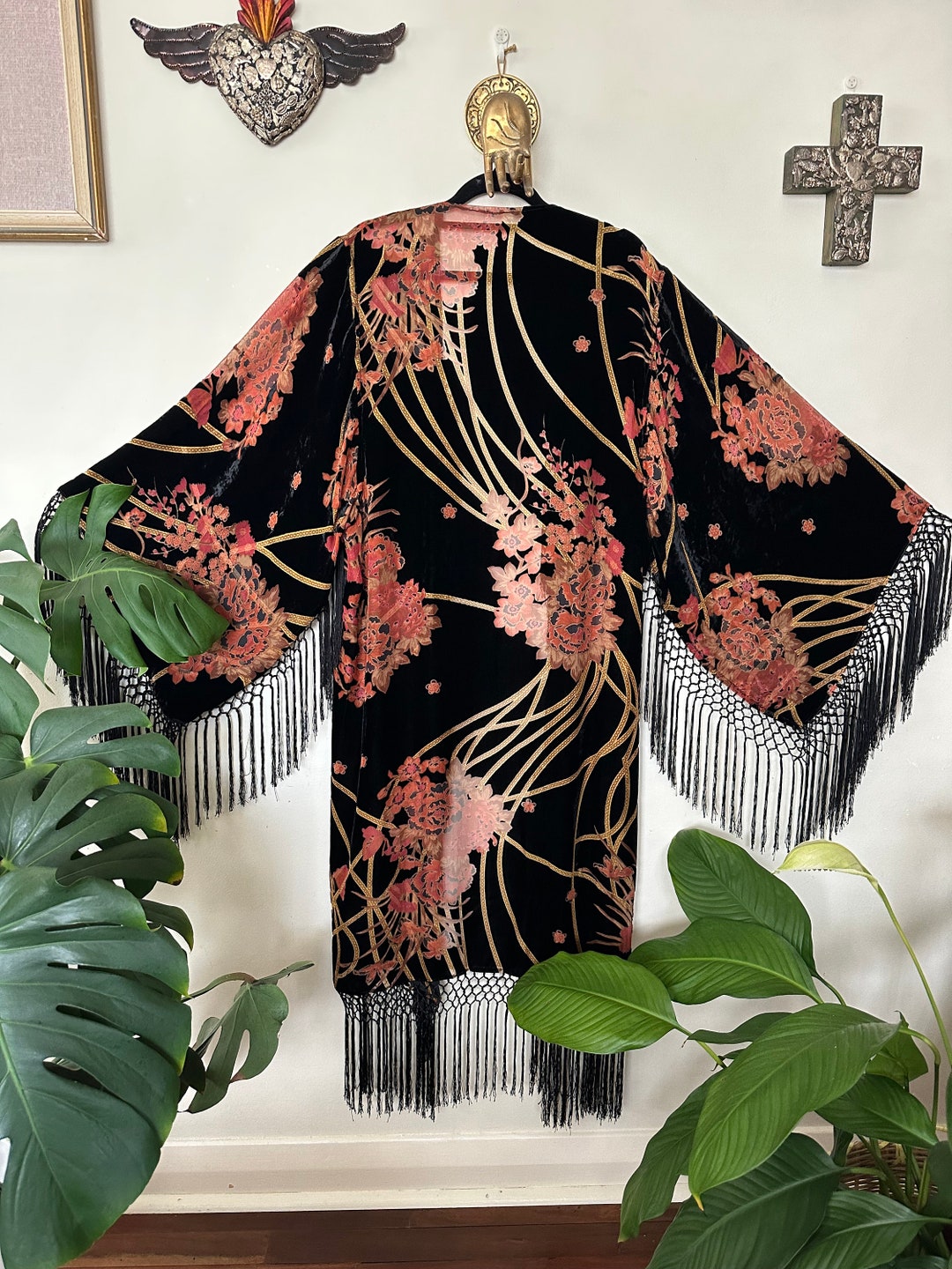 Velvet Silk Kimono Boho Velvet Kimono Bohemian Fringe - Etsy