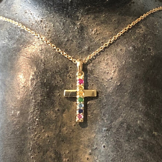 Multi Gemstone Rainbow PRIDE Cross Necklace 14kt Solid Gold - Etsy