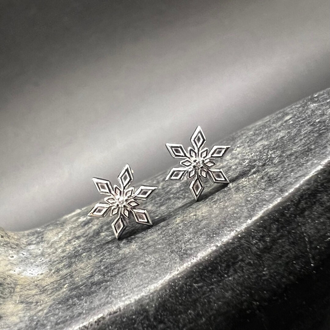 Petite Frozen Diamond Snowflake Earrings - 14kt Solid Gold or Sterling ...