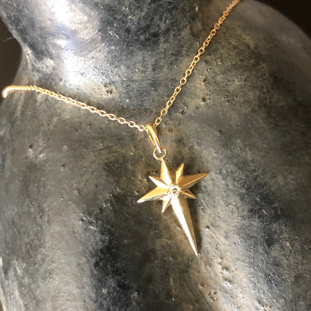 Diamond North Star Cross Necklace - 14kt Solid Gold or Sterling Silver ...