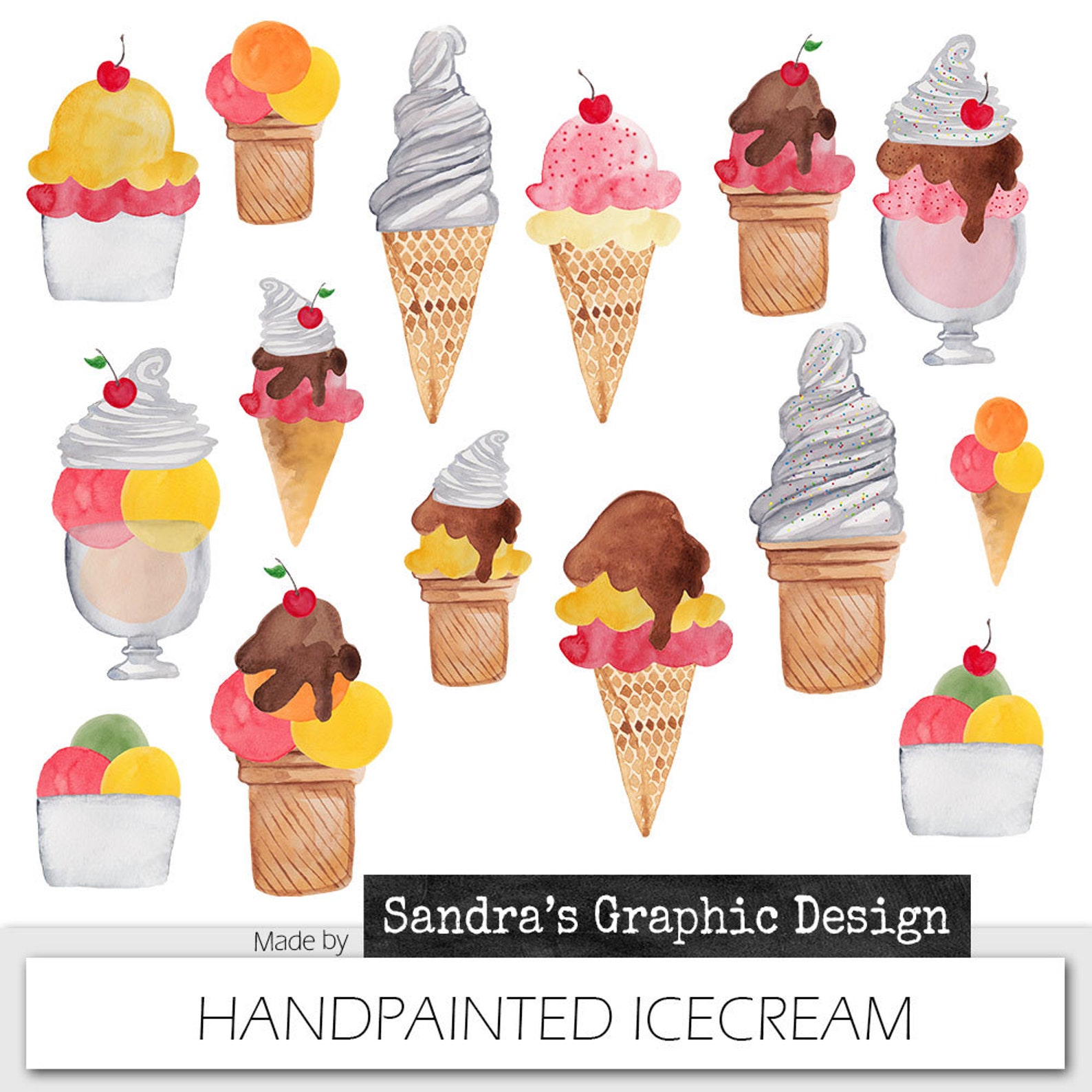Ice Cream Clipart: "summer ICE Cream" With Hand Painted Watercolor Ice ...