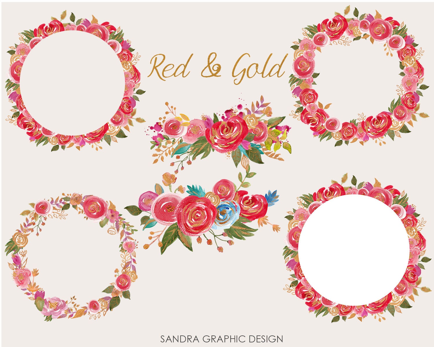 Floral Watercolor Clip Art Red and Gold - Etsy